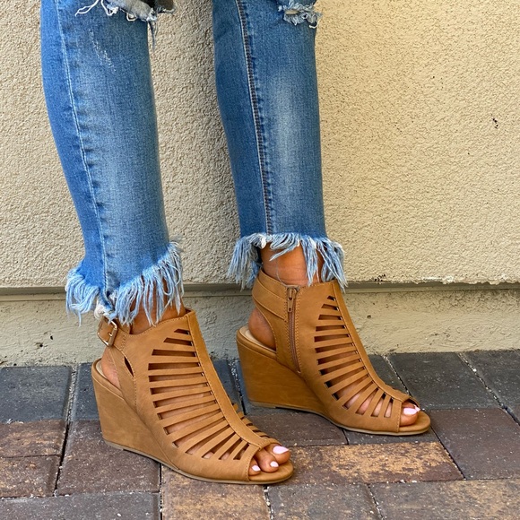 Boutique | Shoes | Honey Tan Cut Out Caged Peep Toe Wedge Sandals ...